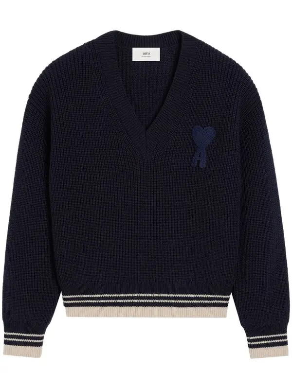 AMI Paris Ribbed V-neck Sweater - Blue