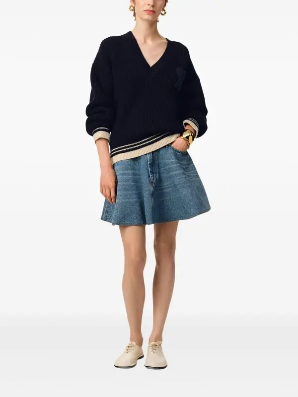 AMI Paris Ribbed V-neck Sweater - Blue