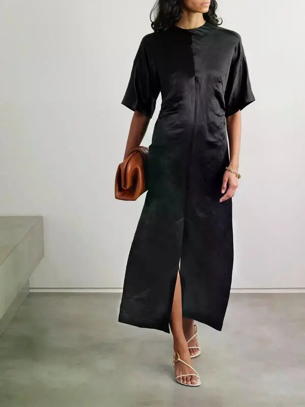 Loulou De Saison Ruby Linen And Silk-Blend Satin Midi Dress In Black - 50%  Off | Editorialist