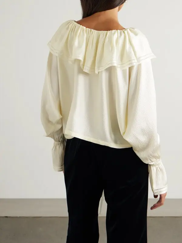 BODE Claret Off-the-shoulder Pointelle-trimmed Hammered-silk Blouse