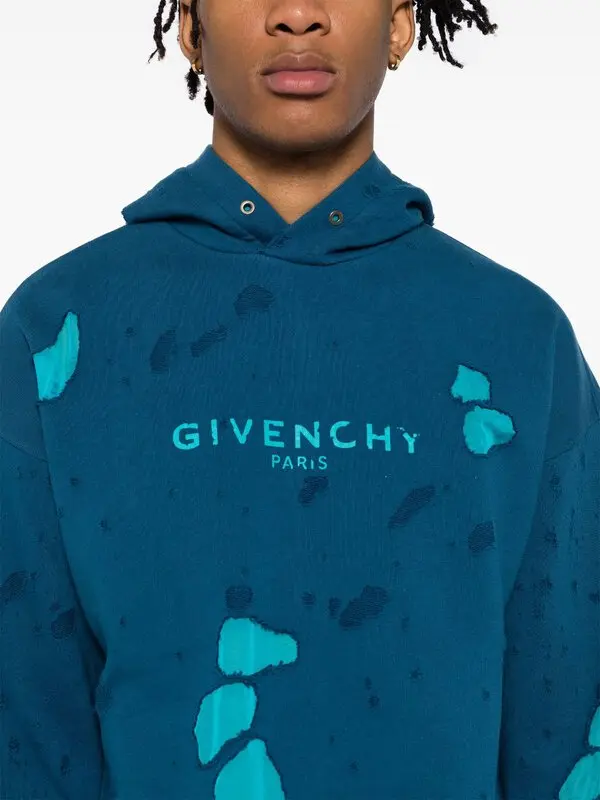 Givenchy Distressed Logo-Print Hoodie In Blue - 45% Off | Editorialist