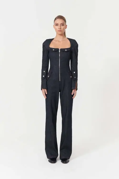 JENDUE Harvey Denim Jumpsuit With Contrast Stitching And Square Neckline - Deep Blue