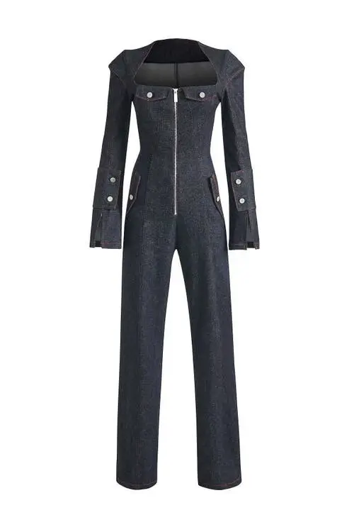 JENDUE Harvey Denim Jumpsuit With Contrast Stitching And Square Neckline