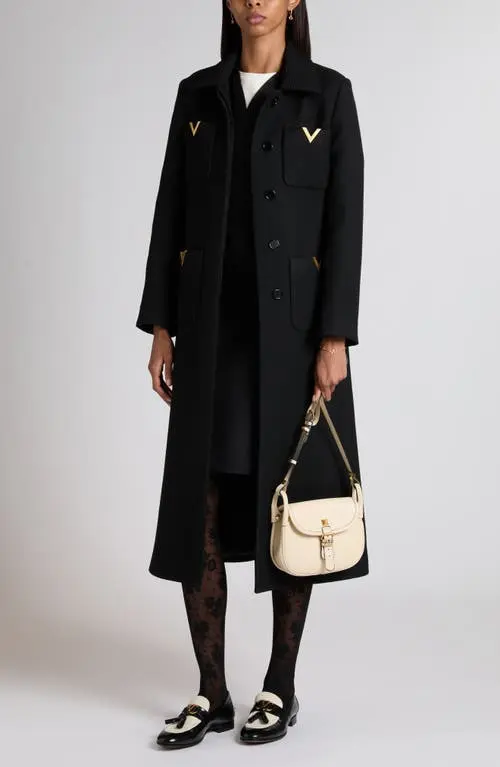 Valentino Garavani V-detail Belted Virgin Wool & Silk Drill Coat - Black