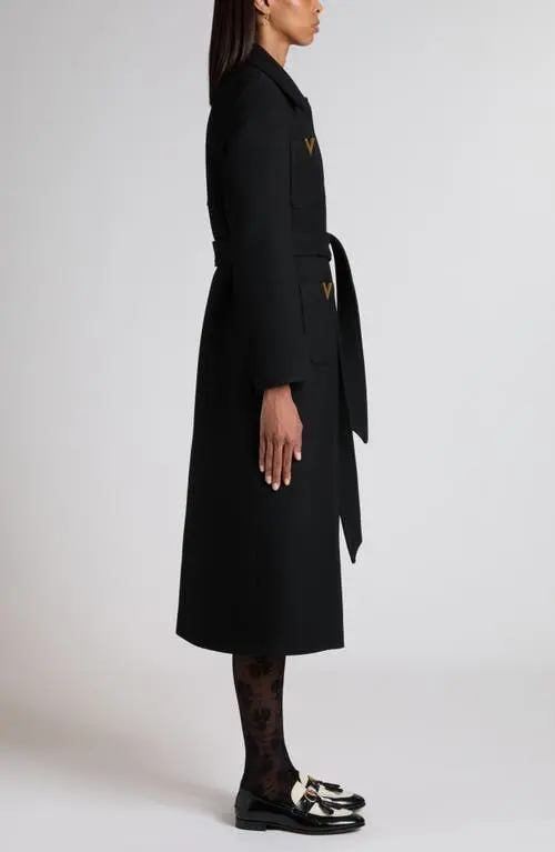 Valentino Garavani V-detail Belted Virgin Wool & Silk Drill Coat - Black