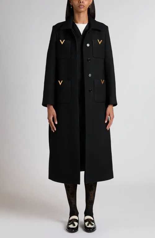 Valentino Garavani V-detail Belted Virgin Wool & Silk Drill Coat - Black