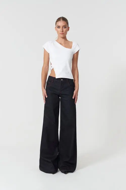 JENDUE Davidson Wide Leg Jeans With Contrast Stitching And Cutout Detail