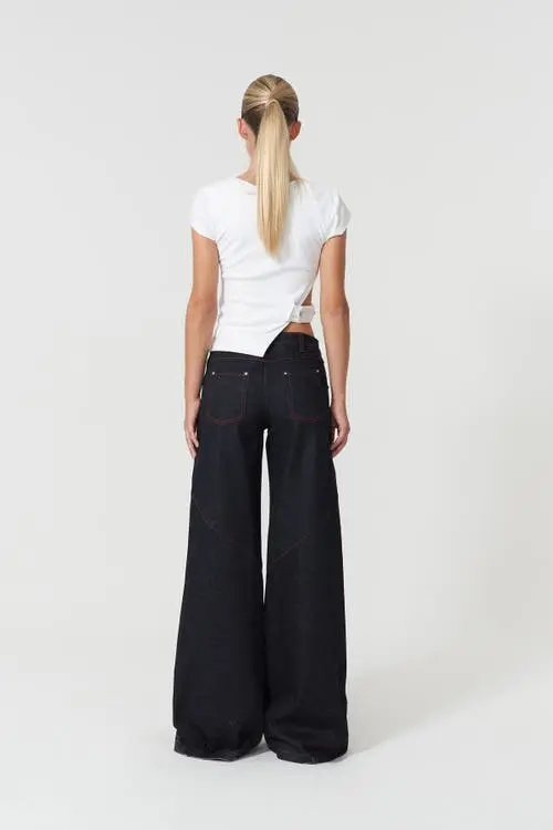 JENDUE Davidson Wide Leg Jeans With Contrast Stitching And Cutout Detail