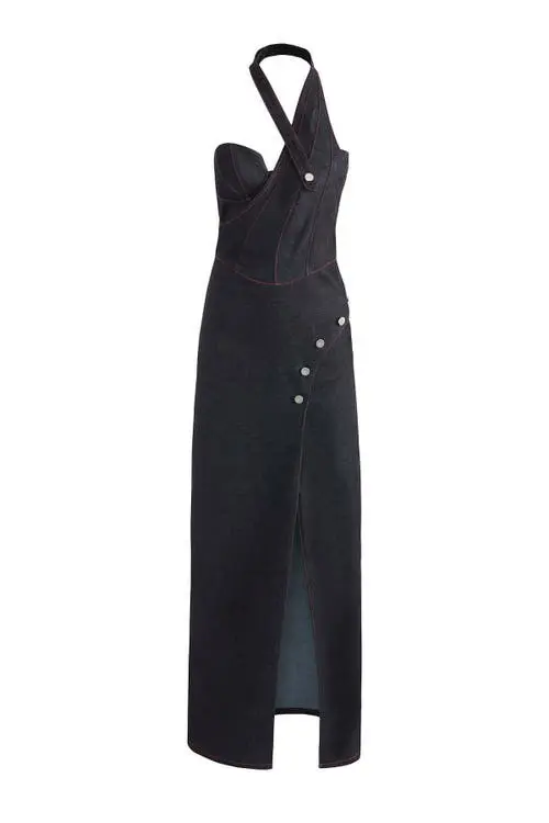 JENDUE Davidson Asymmetrical One-shoulder Denim Maxi Dress With Contrast Stitching - Deep Blue