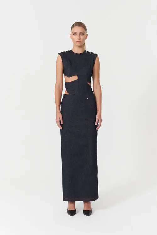 JENDUE Harvey Maxi Denim Dress With Cut-outs