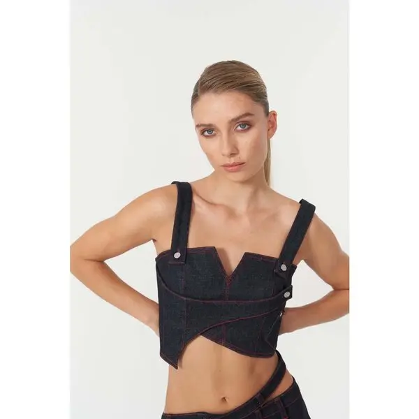 JENDUE Harvey Denim Crop Top With Contrast Stitching - Deep Blue