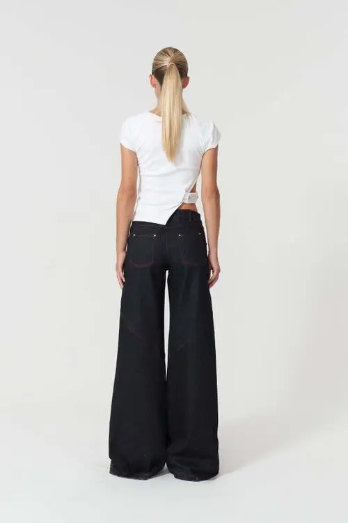 JENDUE Davidson Wide Leg Jeans With Contrast Stitching And Cutout Detail
