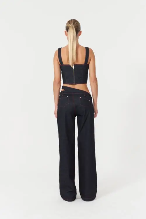 JENDUE Davidson Asymmetric Belt Denim Pants