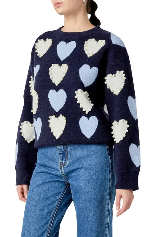 English Factory Heart Faux Pearl Embellished Sweater