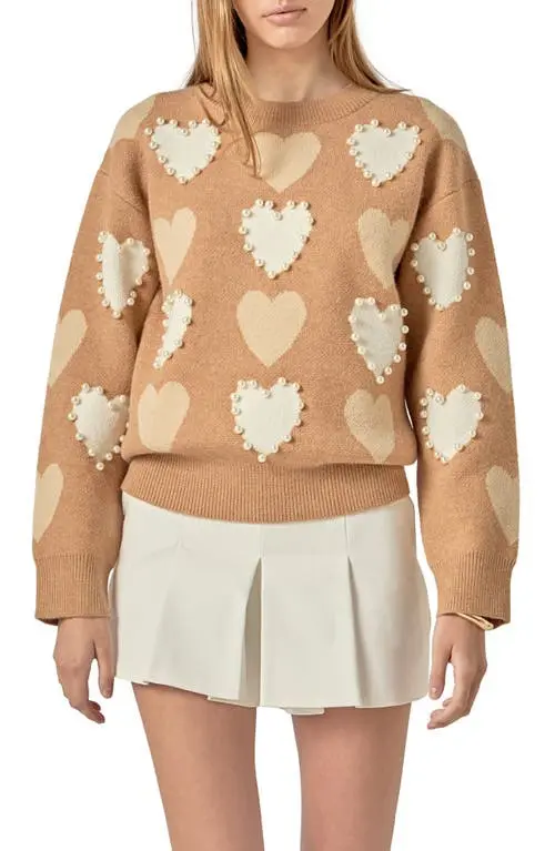 English Factory Heart Faux Pearl Embellished Crewneck Sweater - Tan Multi