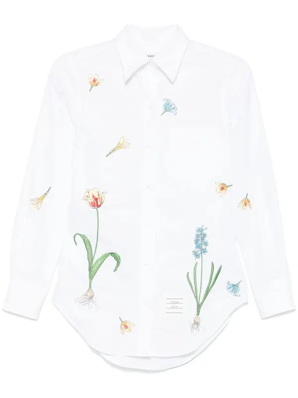 Thom Browne Floral-embroidery Cotton Shirt - White