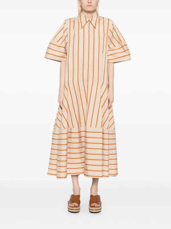 orange striped shirt dress Button Down Pleated Shirt Stripe Dress in Orange/White