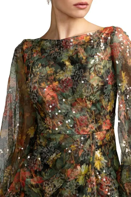 Mac Duggal Floral Print Sequin Gown
