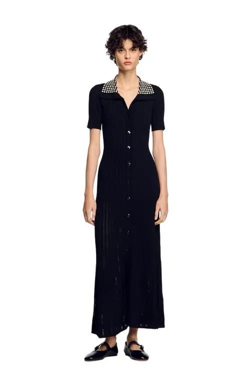 Sandro Knit Maxi Dress With Studded Sailor Neck In Black - 40% Off |  Editorialist