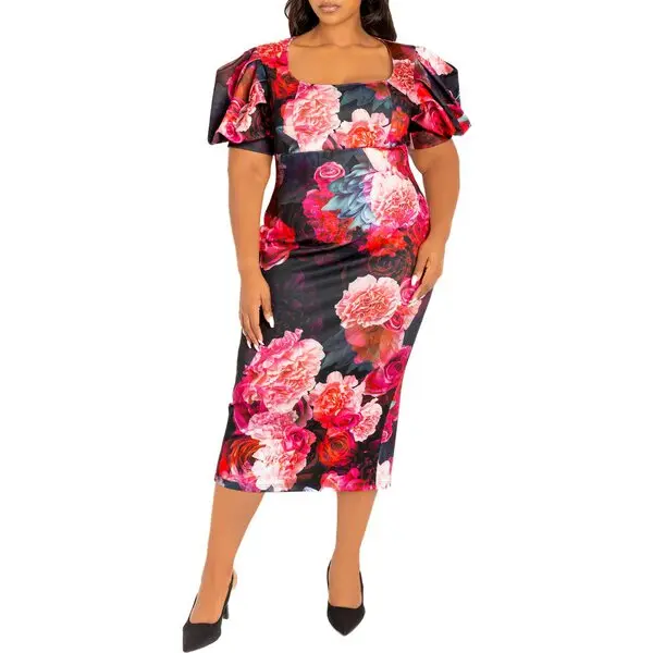 Buxom Couture Floral Scuba Knit Midi Dress - Black Multi | Editorialist