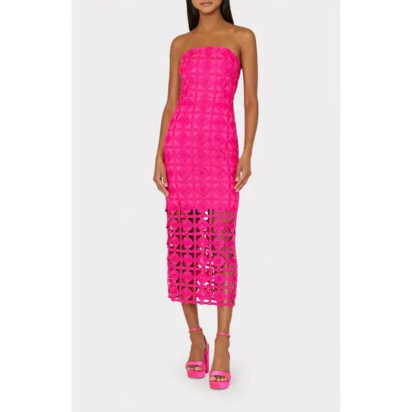 MILLY Kait Lace Strapless Midi Dress - Milly Pink