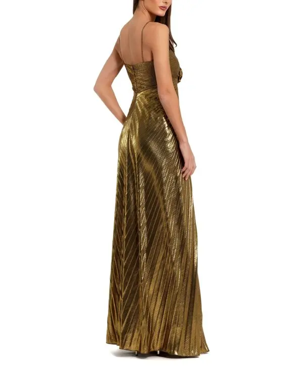 Mac Duggal Thin Strap Pleated Metallic Gown With 3d Flower - Antique Gold