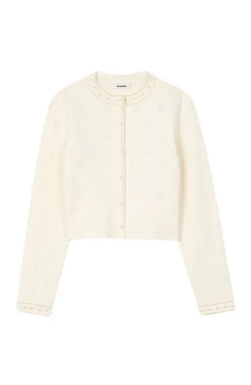 Sandro Cropped Pointelle Cardigan With Pearl Details In Ecru - 55