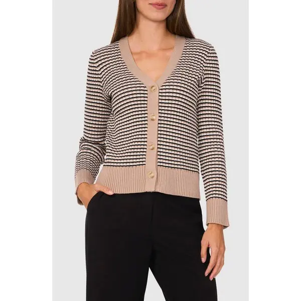 Halogen Stripe V-neck Cardigan - Simply Taupe