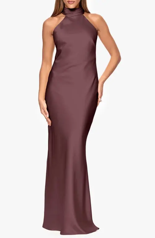 XSCAPE EVENINGS Halter Neck Satin Sheath Gown - Chocolate