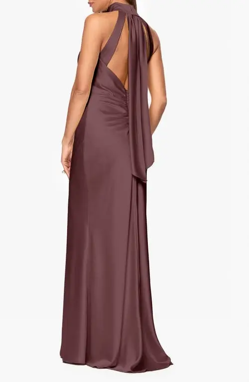 XSCAPE EVENINGS Halter Neck Satin Sheath Gown - Chocolate