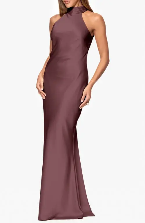 XSCAPE EVENINGS Halter Neck Satin Sheath Gown - Chocolate