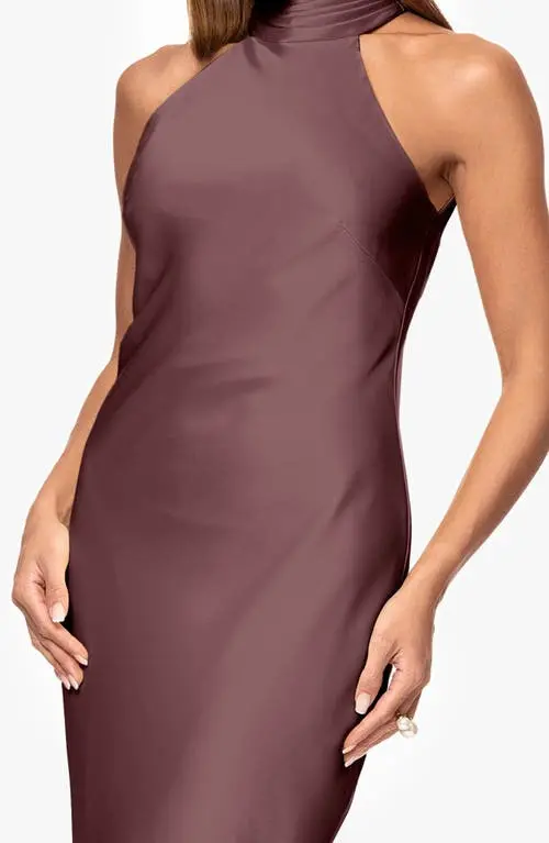 XSCAPE EVENINGS Halter Neck Satin Sheath Gown - Chocolate