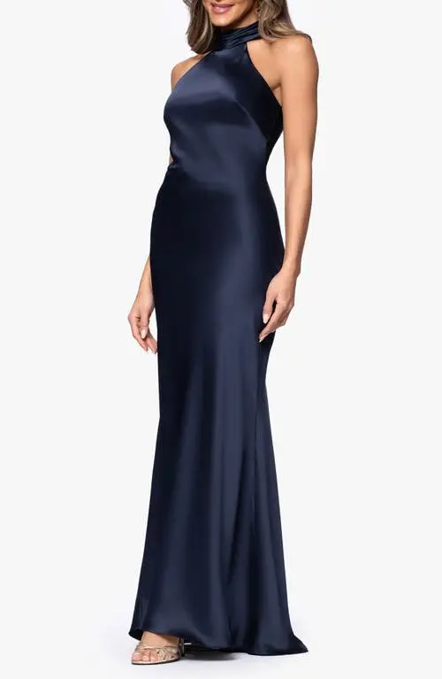 XSCAPE EVENINGS Halter Neck Satin Sheath Gown - Navy