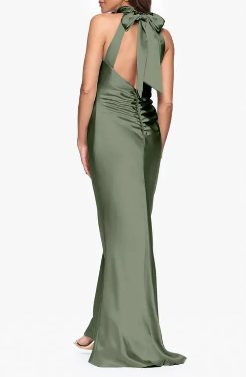 XSCAPE EVENINGS Halter Neck Satin Sheath Gown - Olive