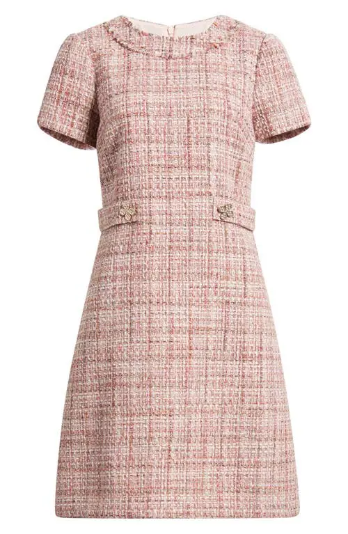 strapless open back dress CHANEL CC Logo Tweed Fringe Mini Dress Pink White