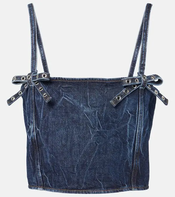 GANNI Bow-detail Denim Crop Top - Blue