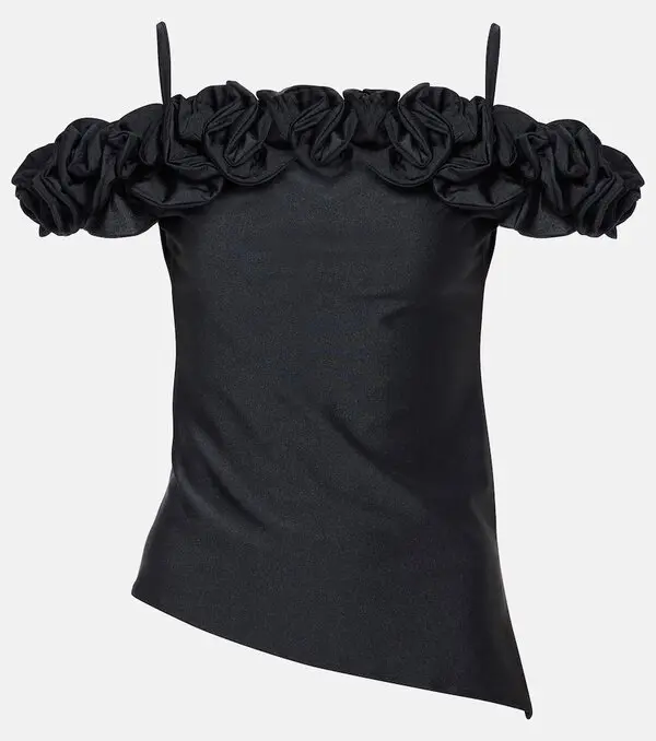 Coperni Ruffled Off-shoulder Cotton-blend Top - Black