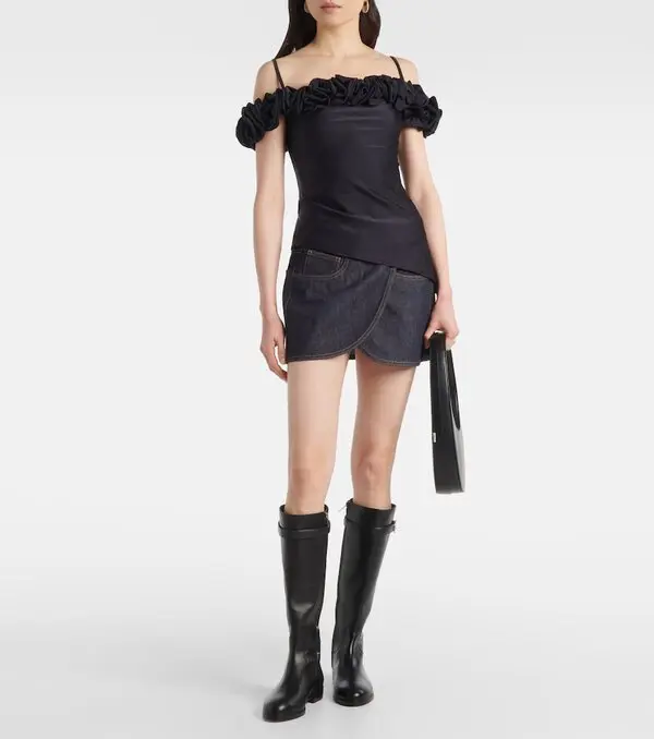 Coperni Ruffled Off-shoulder Cotton-blend Top - Black