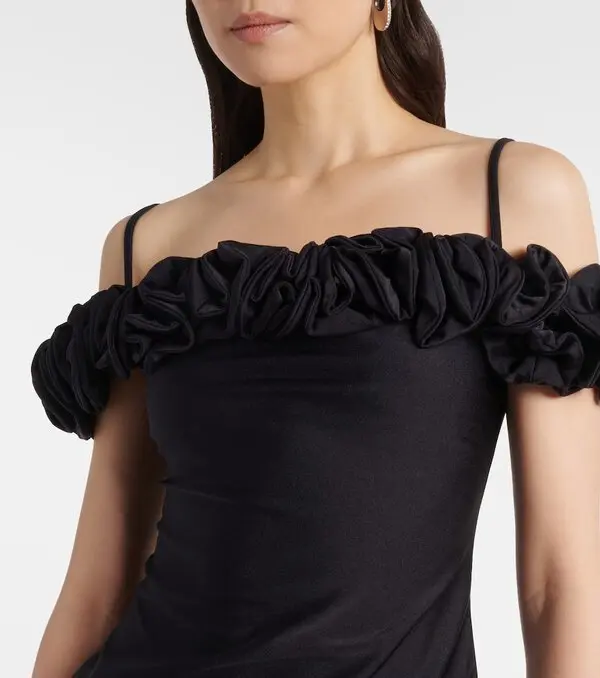 Coperni Ruffled Off-shoulder Cotton-blend Top - Black