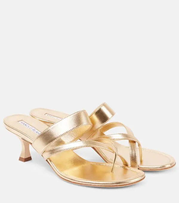 Manolo Blahnik Susa 50 Metallic Leather Mules - Gold