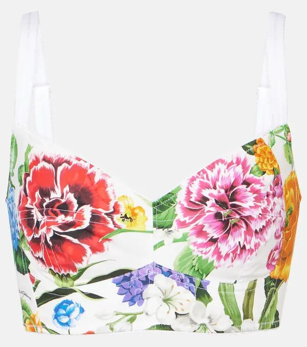 Dolce & Gabbana Floral Cotton-blend Poplin Bra Top - White