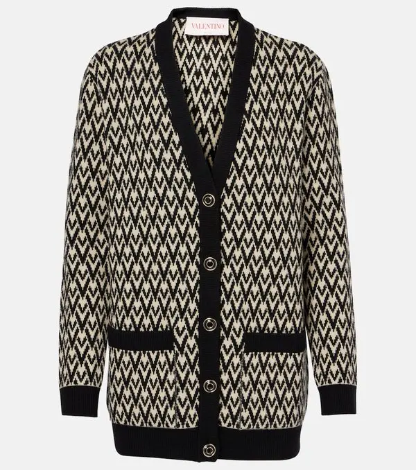 Valentino Garavani Toute La V Virgin Wool Jacquard Cardigan - Black