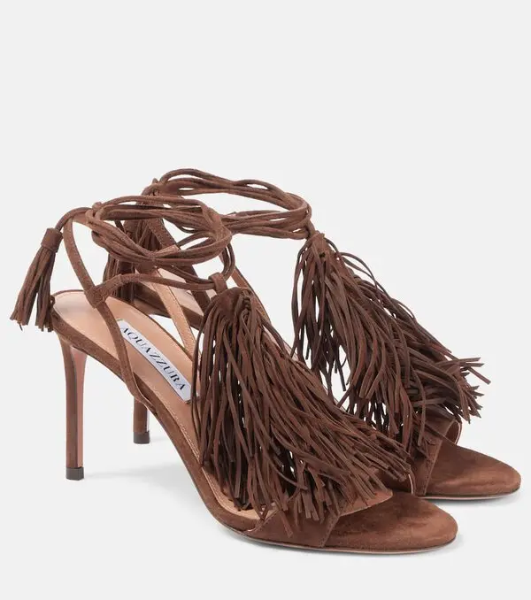 AQUAZZURA 85 Fringed Suede Sandals - Brown