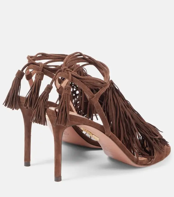 AQUAZZURA 85 Fringed Suede Sandals - Brown