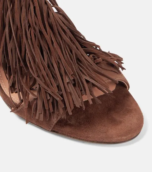 AQUAZZURA 85 Fringed Suede Sandals - Brown