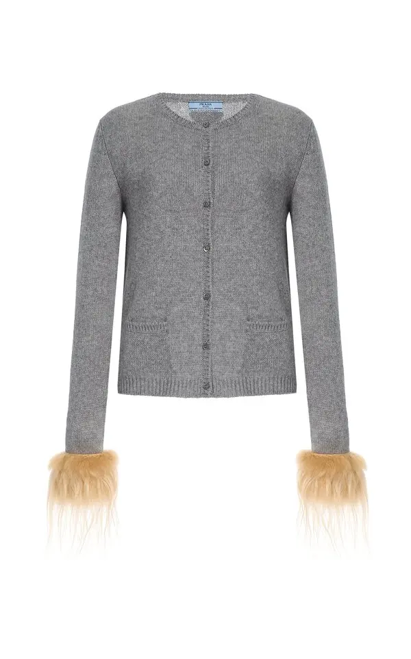 Prada Shearling-trimmed Wool Cardigan - Grey