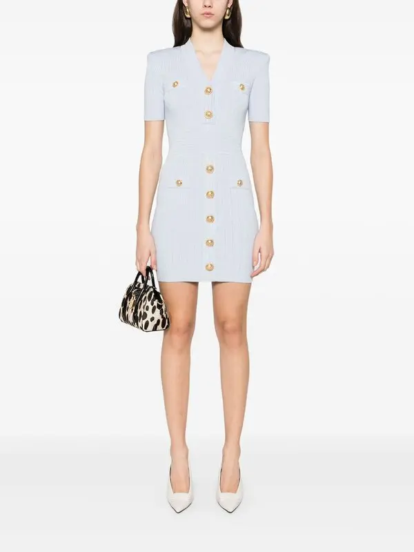 Balmain Button-Detailed Knitted Mini Dress - Blue | Editorialist