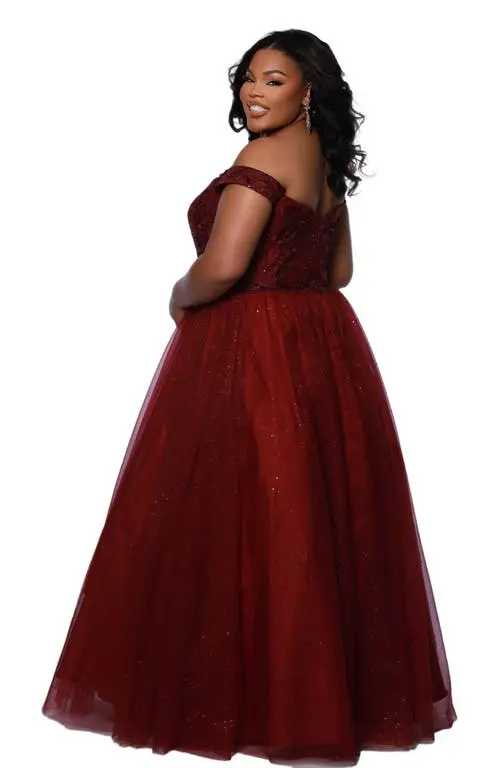 SYDNEY'S CLOSET Off-the-shoulder V-neckline Ballgown - Burgundy
