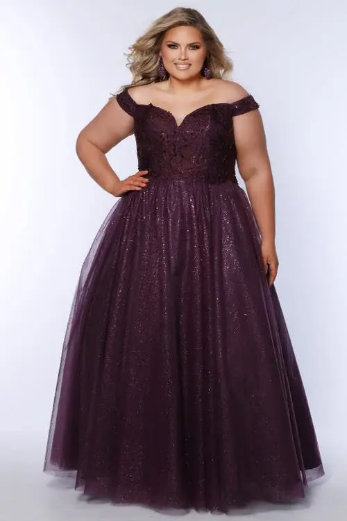 SYDNEY'S CLOSET Off The Shoulder V-neckline Ballgown - Plum