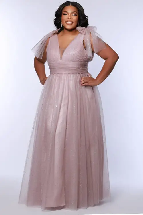 SYDNEY'S CLOSET V-neckline A-line Gown With Bows - Mauve